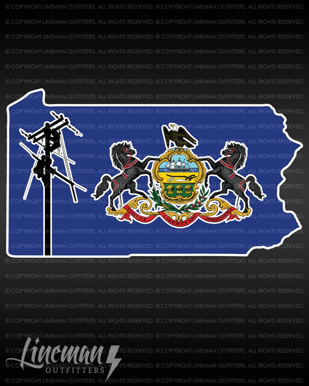 Pennsylvania Lineman All Weather Decal 4.6" x 8", PA State Outline with ...