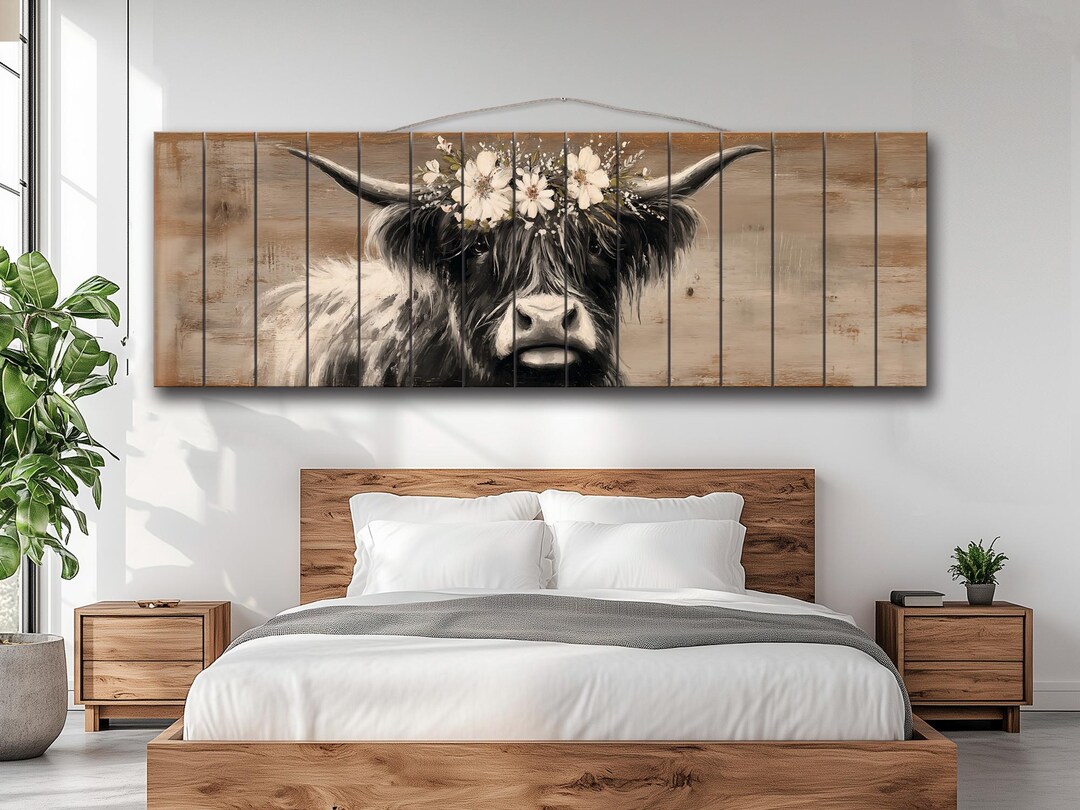 Farmhouse Wood Wall Art - Highland Cow in Floral Crown Print on Wood ...
