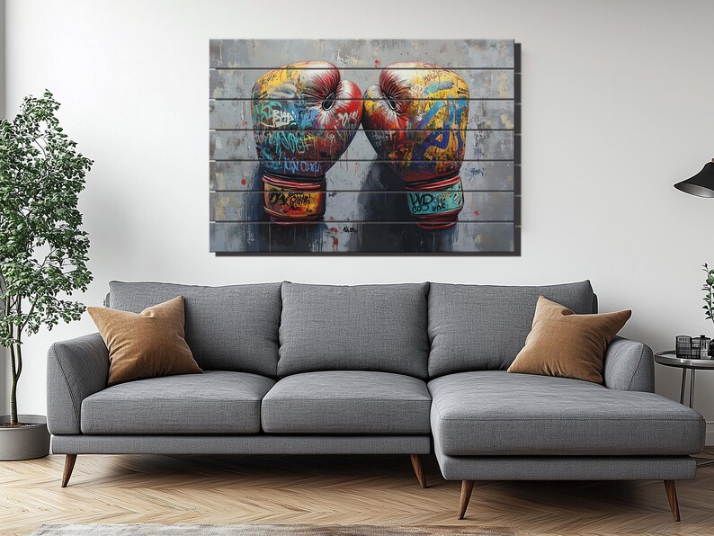 Abstract Boxing Gloves Print on Natural Wood - Sports Wall Art - Etsy
