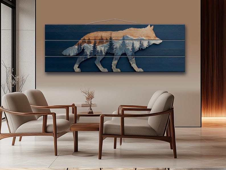 Wolf Silhouette With Forest Print on Natural Wood, Rustic Hunting ...