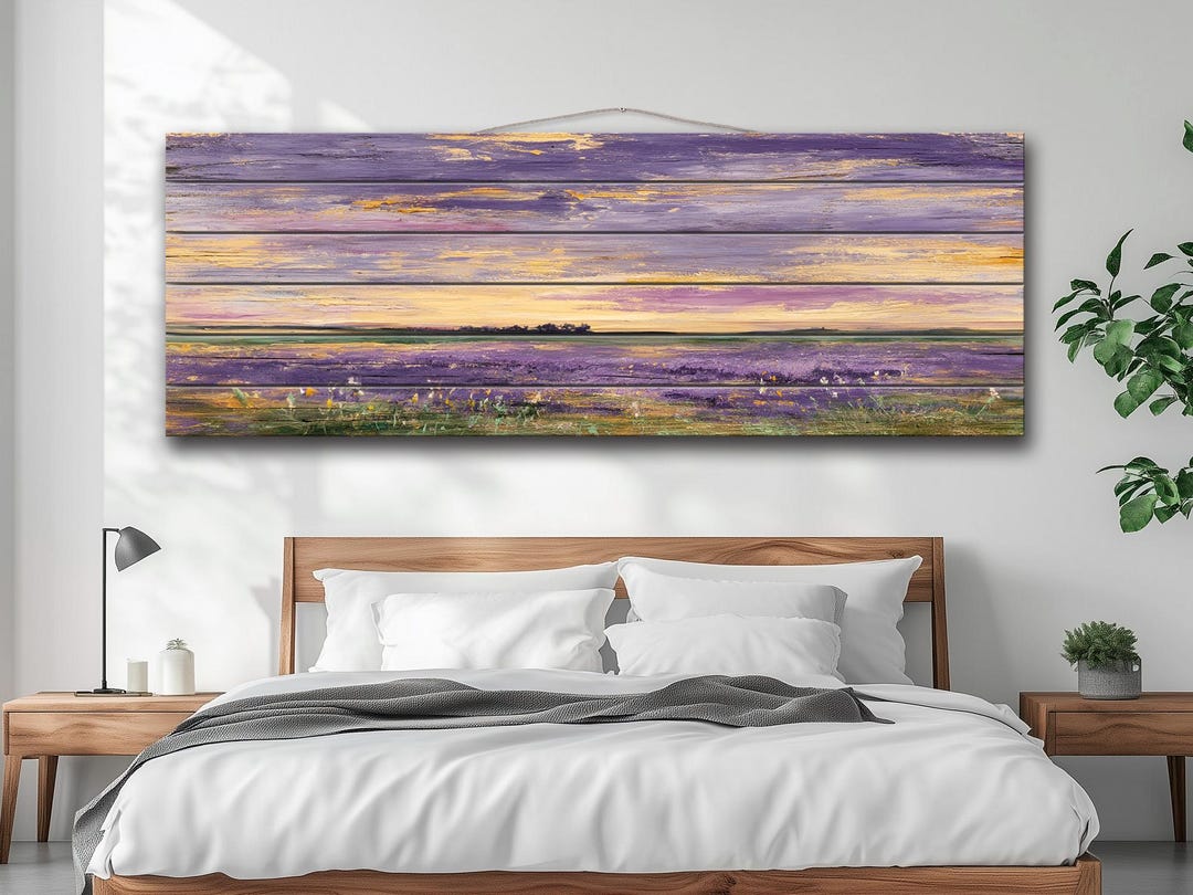 Dreamy Lavender Field Under a Golden Sky Print on Natural Wood ...