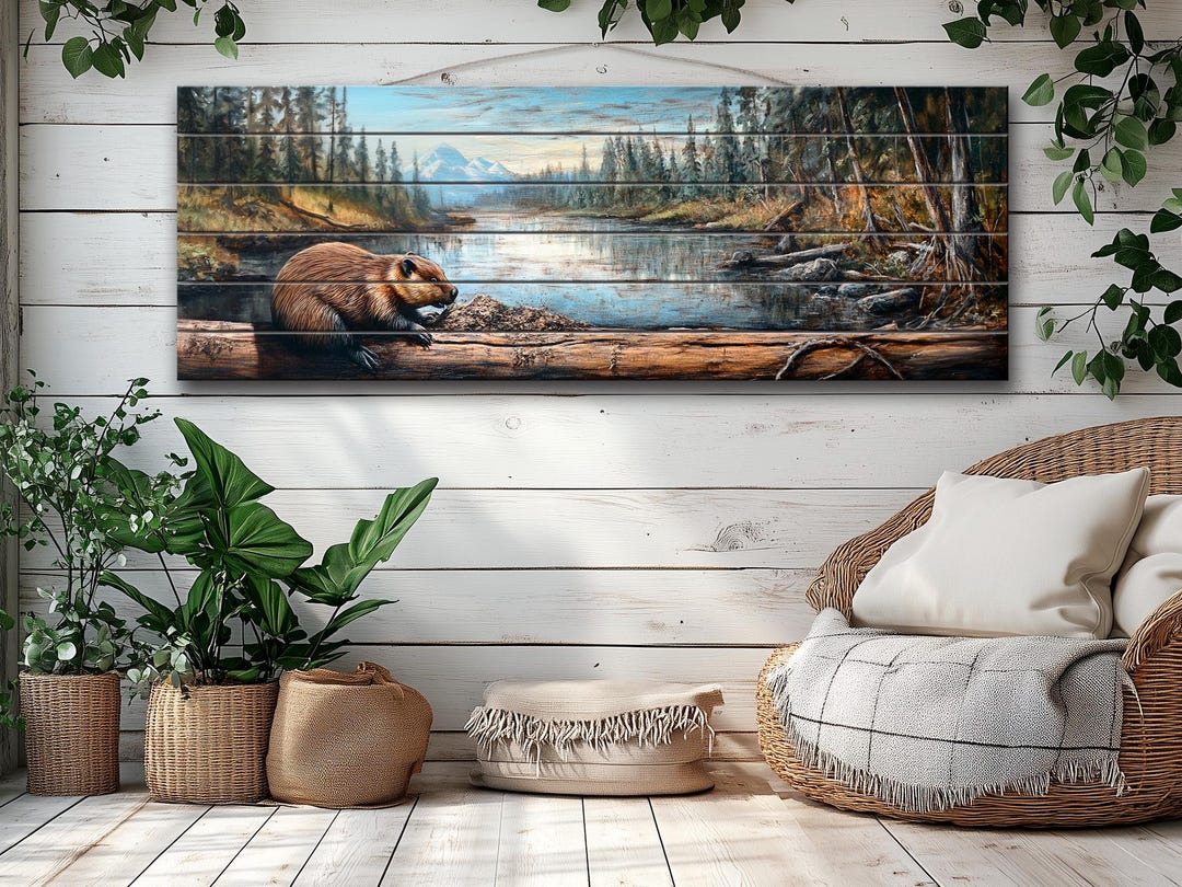 Rustic Beaver Building a Dam in Forest Print on Natural Wood, Rustic ...