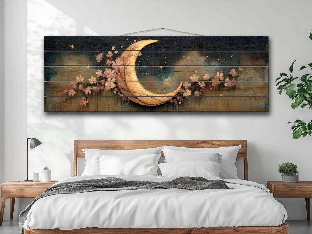 Crescent Moon With Blooming Flowers Print on Natural Wood, Rustic ...