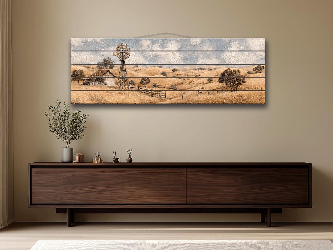 Old Country Windmill Wood Print, Farmhouse Wall Art, Beige and Ochre ...