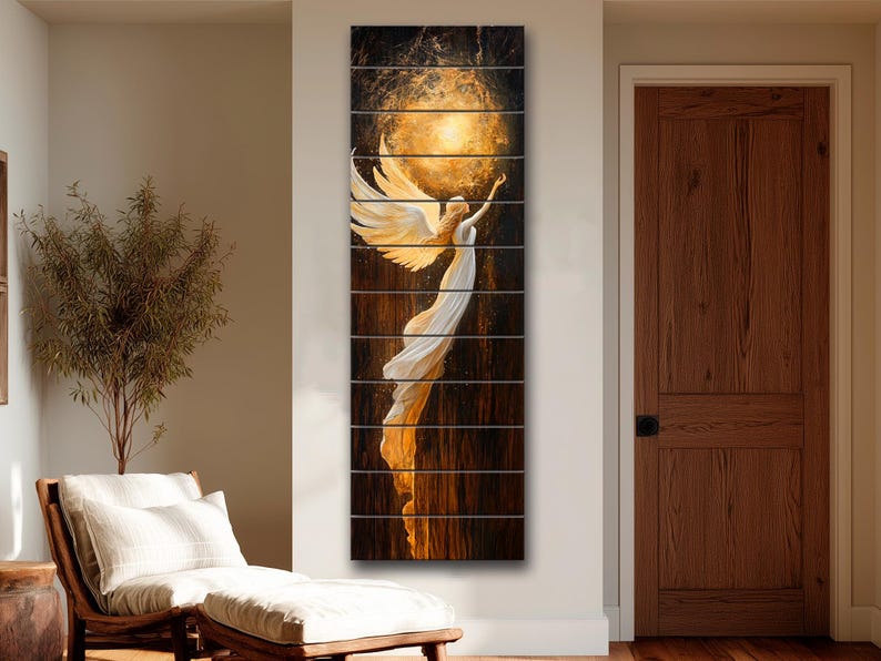 Wood Wall Art – Glowing Angel in White and Gold Robes – Rustic ...