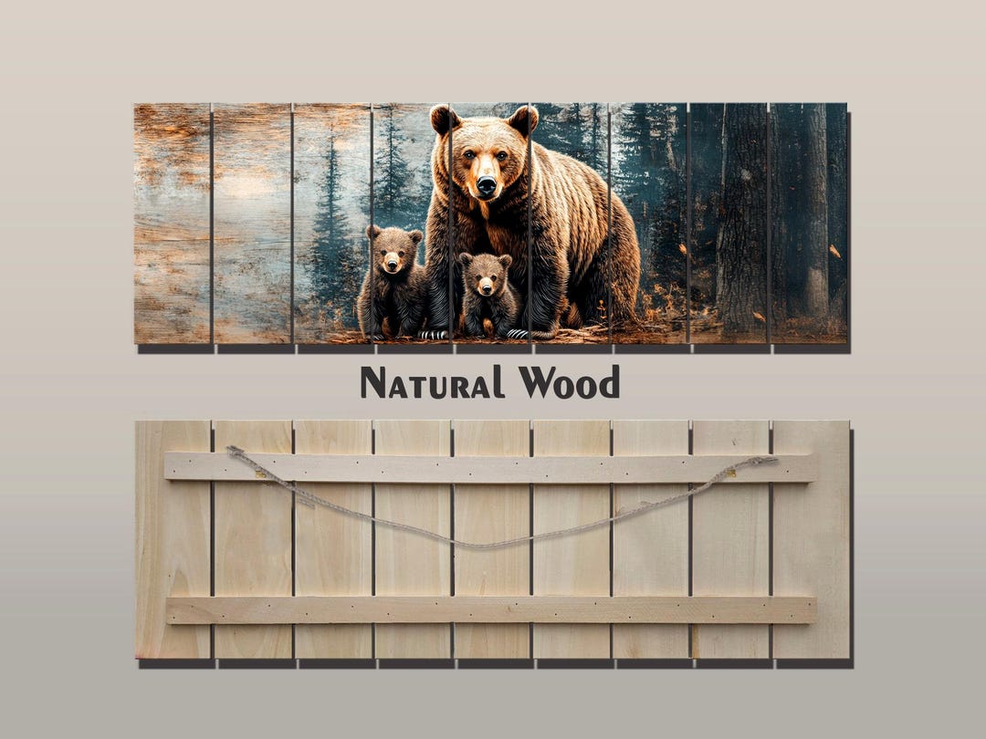 Grizzly Bear With Cubs Rustic Print on Natural Wood, Brown Bear Wall ...