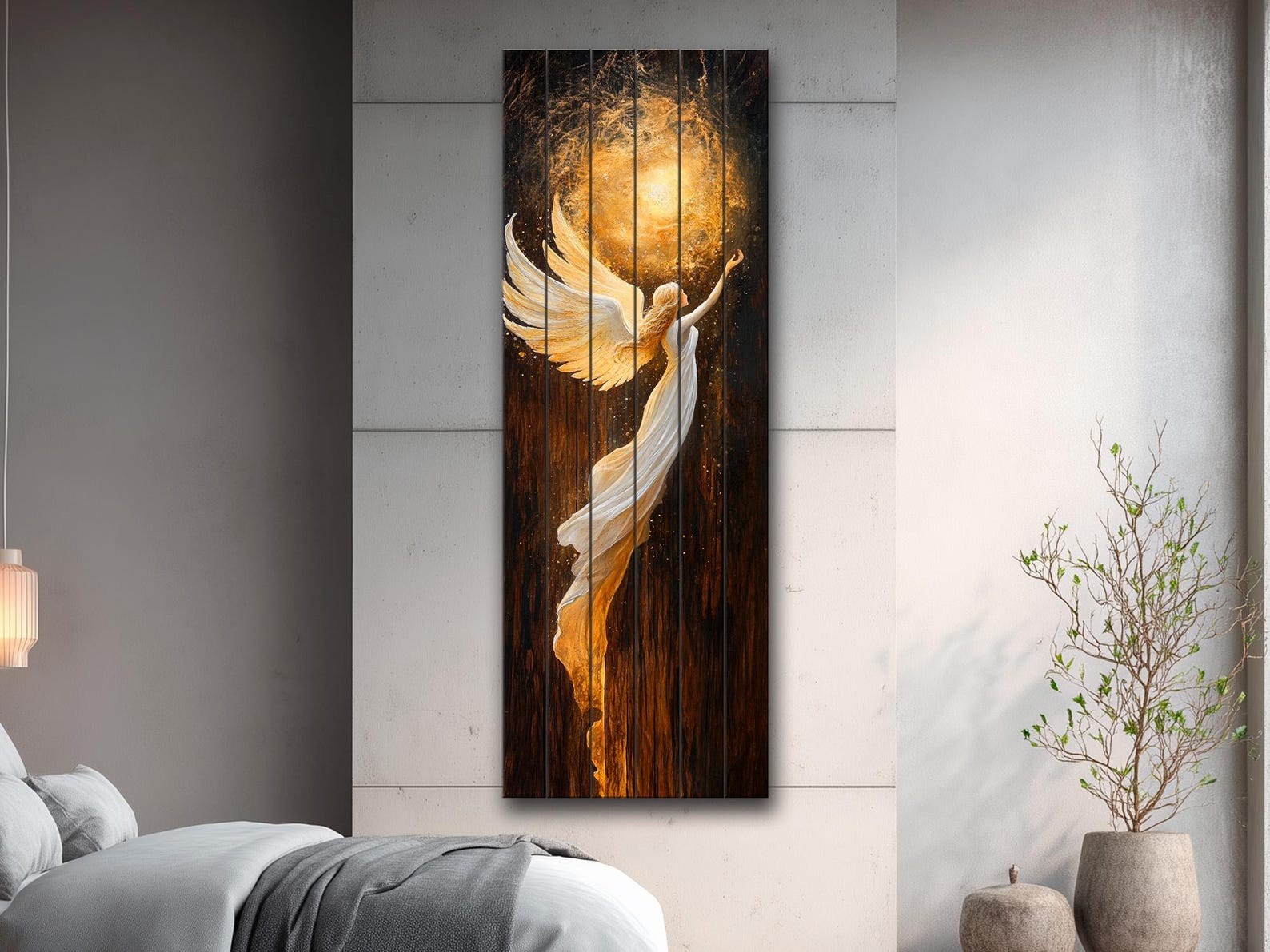 Wood Wall Art – Glowing Angel in White and Gold Robes – Rustic ...