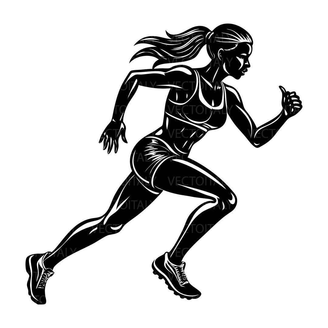 Simple Black Silhouette of Female, Girl, Woman Runner With Curly ...