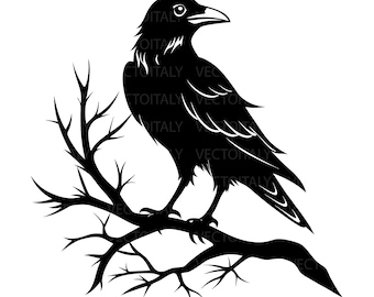 Raven on Tree Branch Svg & PNG Files, Halloween Raven Clipart ...