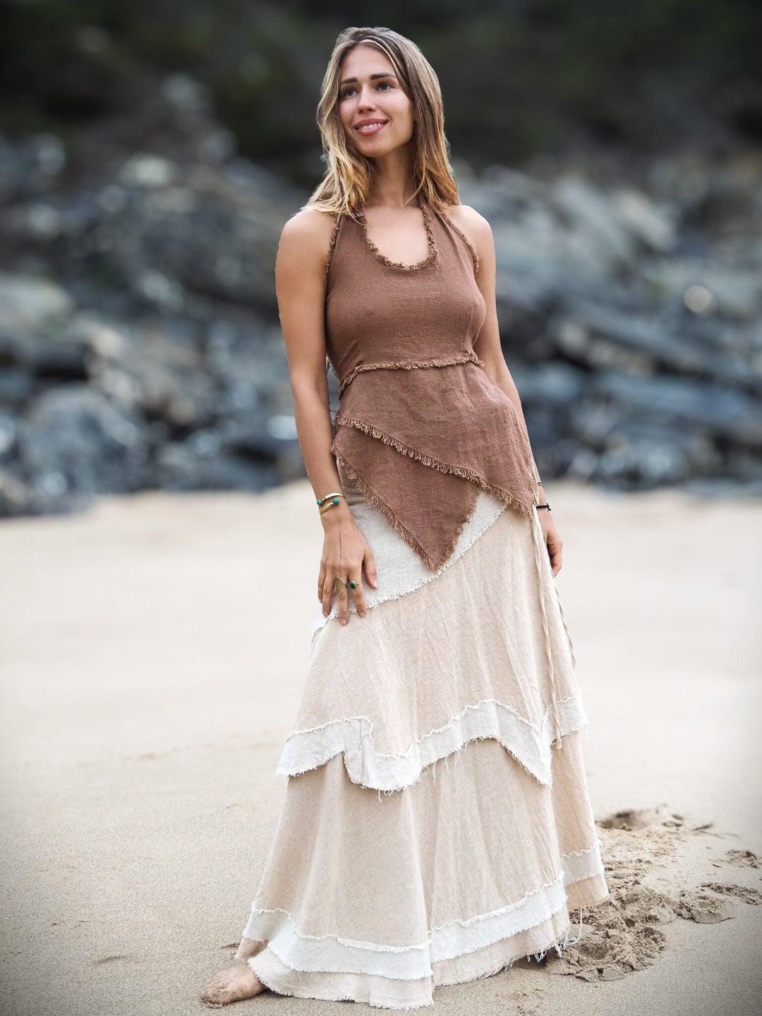 Saia Boho Maxi em Camadas, Saia Hippie Drape, Saia Wrap de Algodão ...