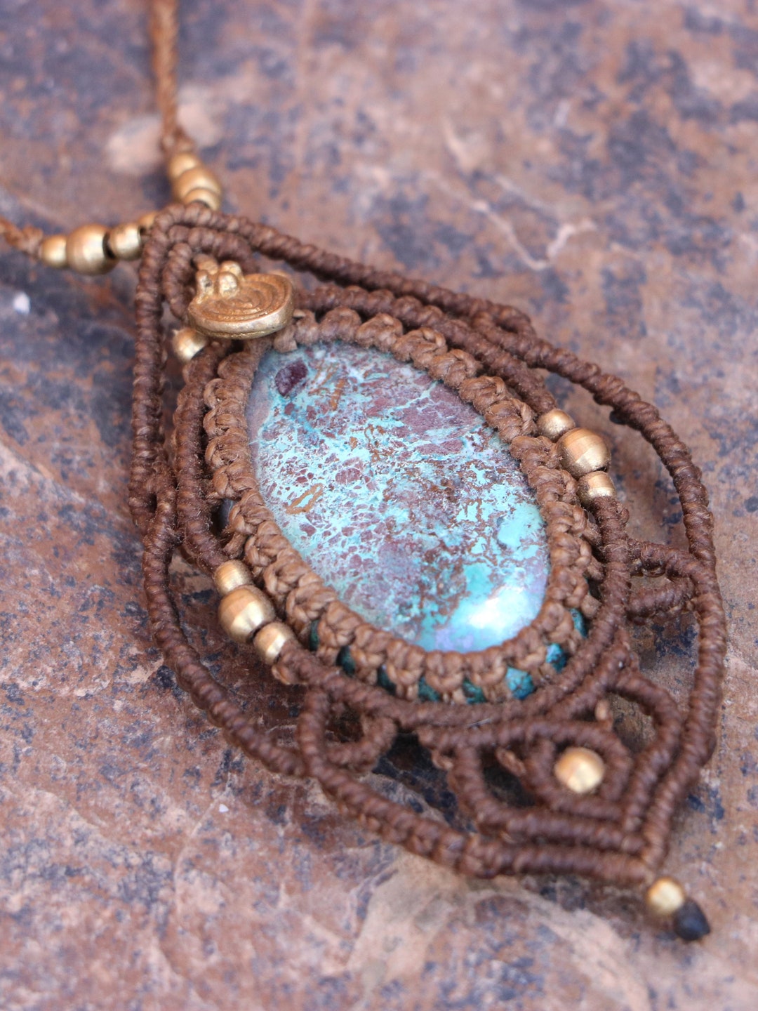 Turquoise Macramé Necklace, Turquoise Cabochon Neckace, Macramé Pendant ...