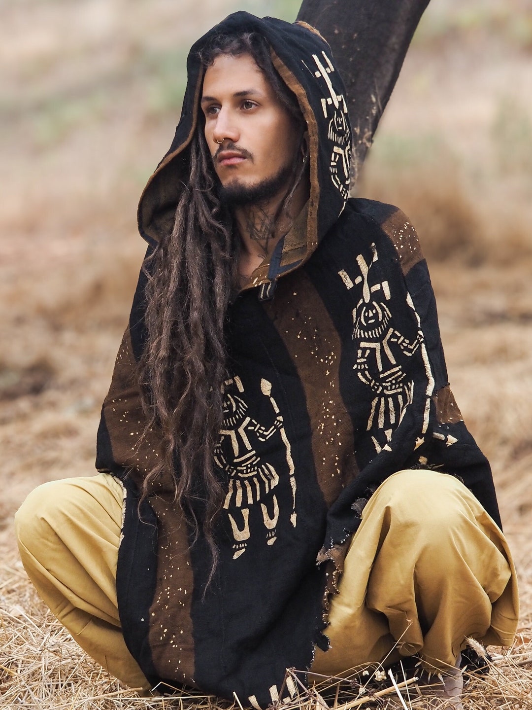 Tribal Poncho, Mud Cloth Poncho, Raw Organic Cotton Poncho, Hooded ...