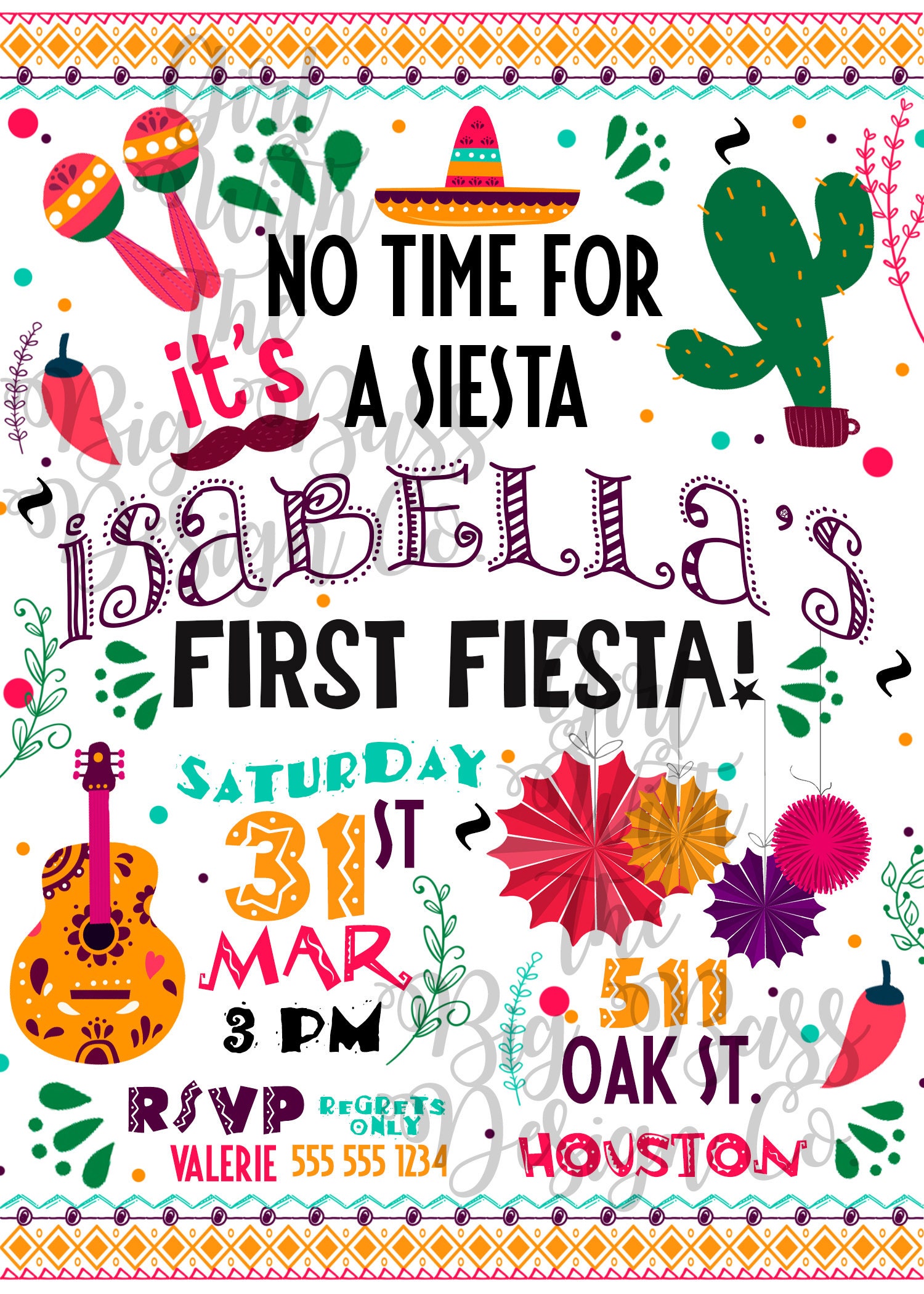 Fiesta Themed Birthday Invitations - No Time for a Siesta! PRINTED ...