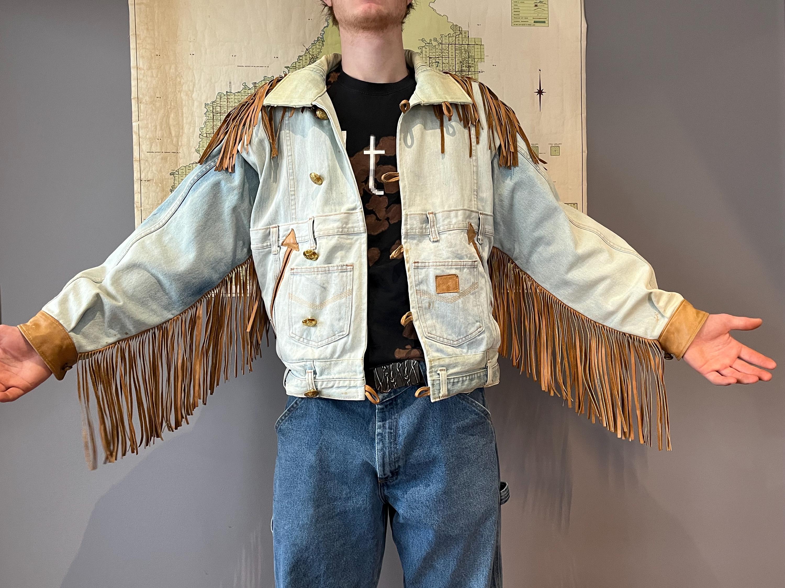 1980s Sm Denim & Leather Fringe Jacket L Mark Messier L Number 11 L ...