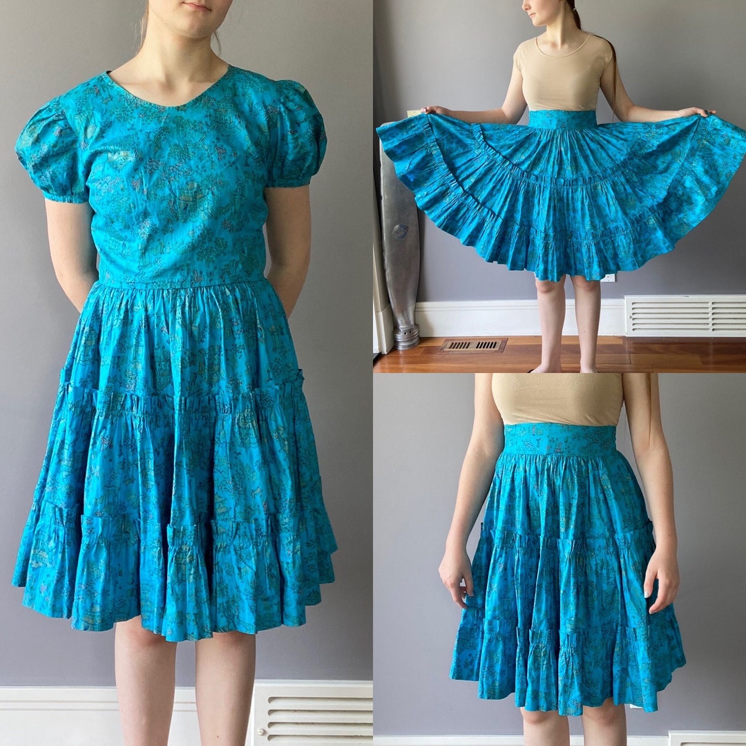 Vintage 27" 1950s 2 Piece Bright Blue Blouse and Skirt Set - Etsy