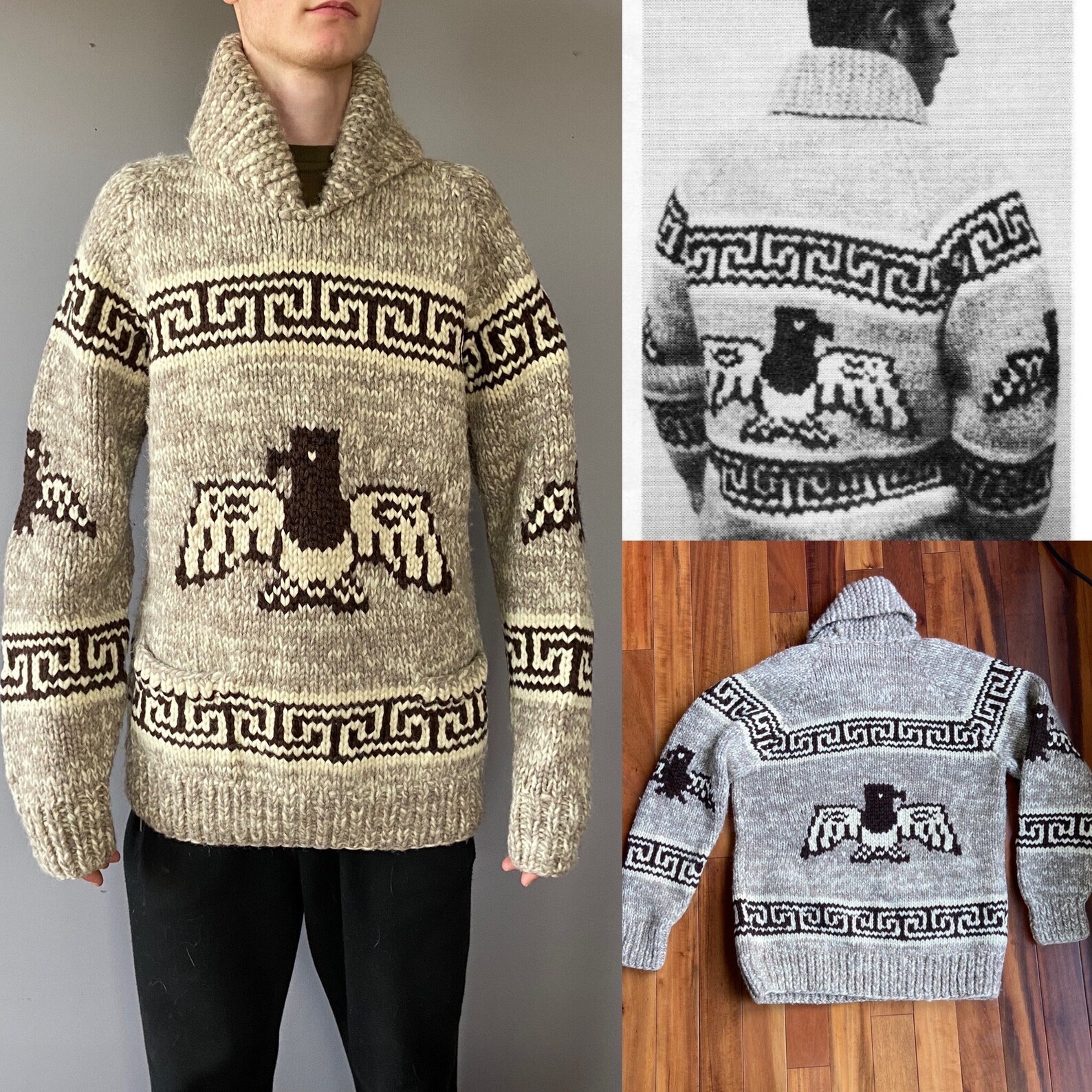 Vintage 1970s "thunderbird" Cowichan Pullover Sweater L Handmade L ...