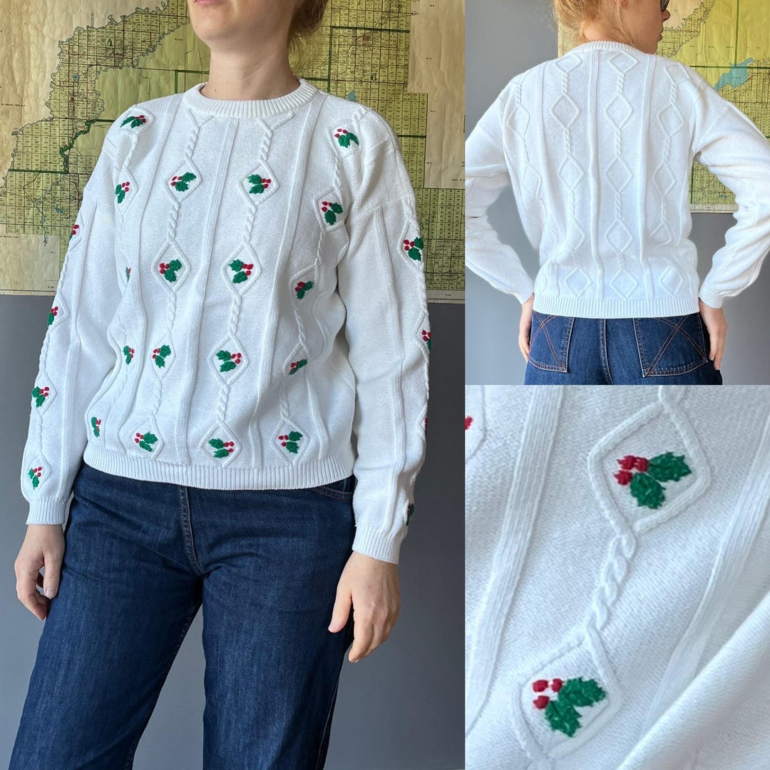 Vintage M 90s Mistletoe & Cables Sweater / Embroidered - Etsy