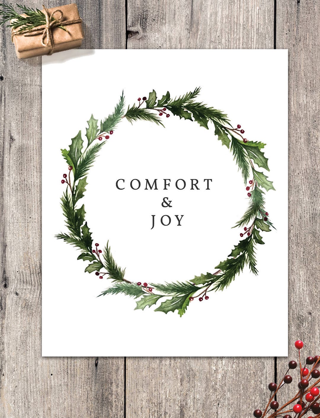 Christmas Printable, Comfort and Joy Print, Green Wreath Decor ...