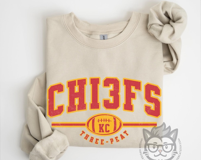 Kansas City Chiefs Three Peat Sweatshirt - Retro Distressed Graphic ...