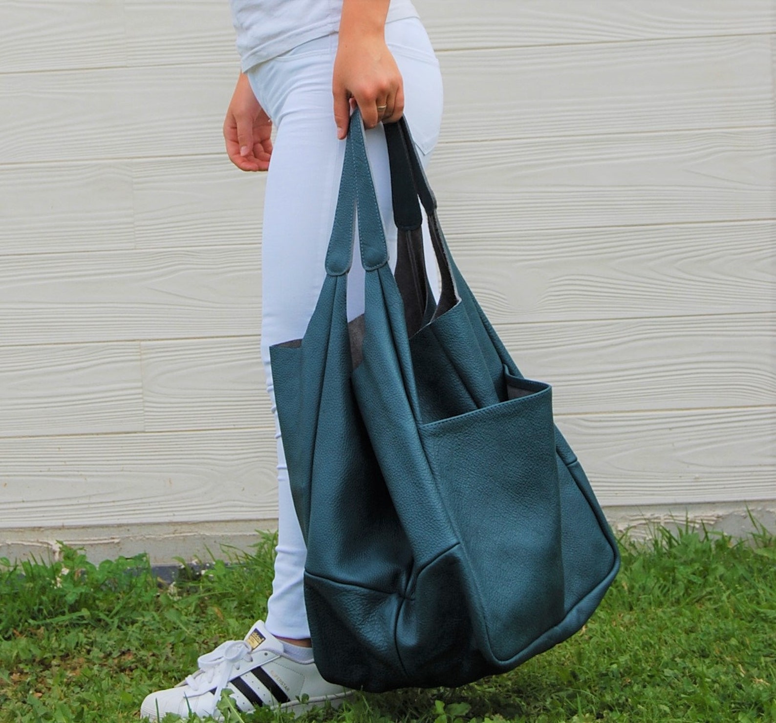 Large Handbag, Big Bag, Leather Tote Bag, Oversize Cognac Blue, Shopper ...