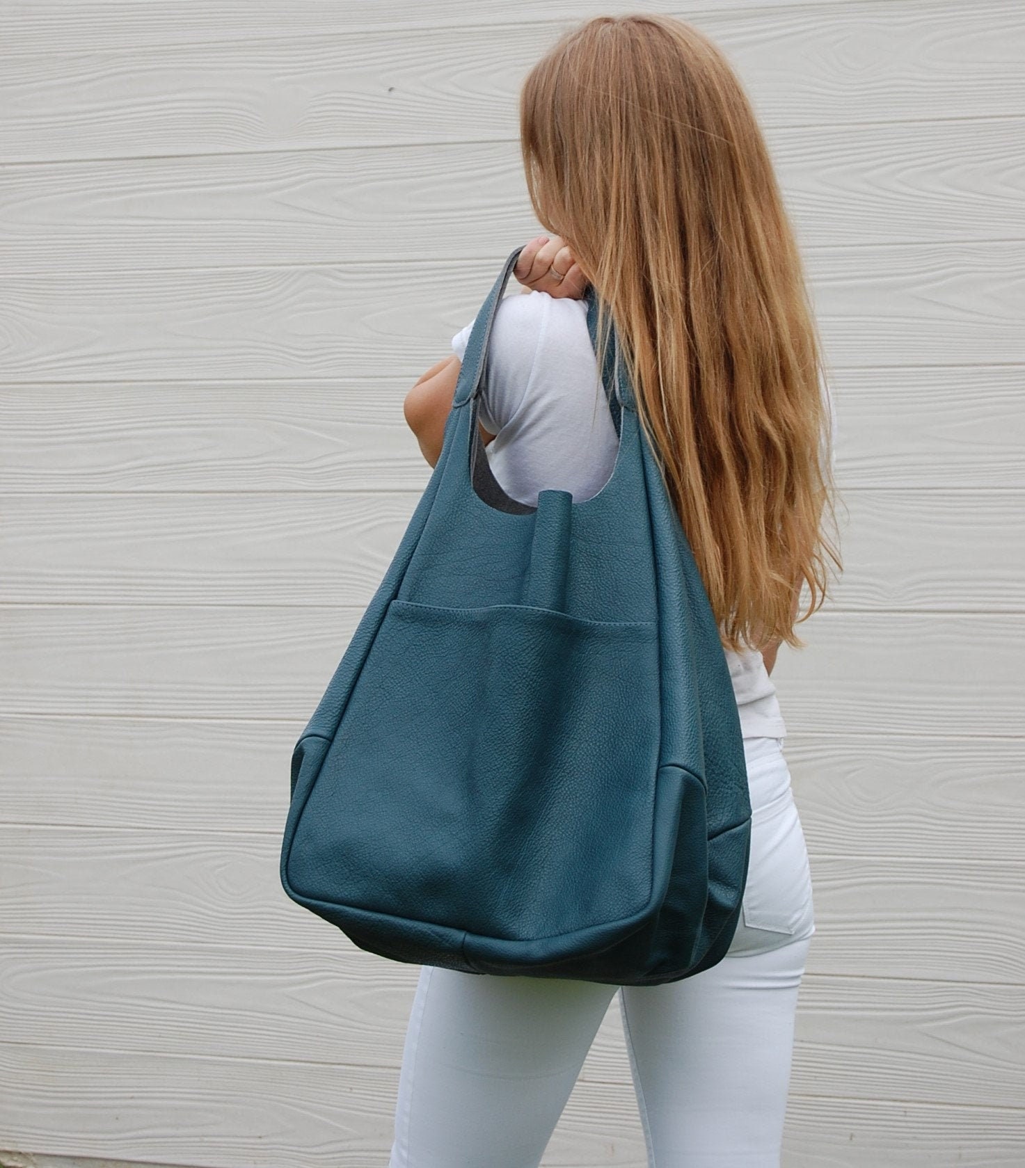 Large Handbag, Big Bag, Leather Tote Bag, Oversize Cognac Blue, Shopper ...