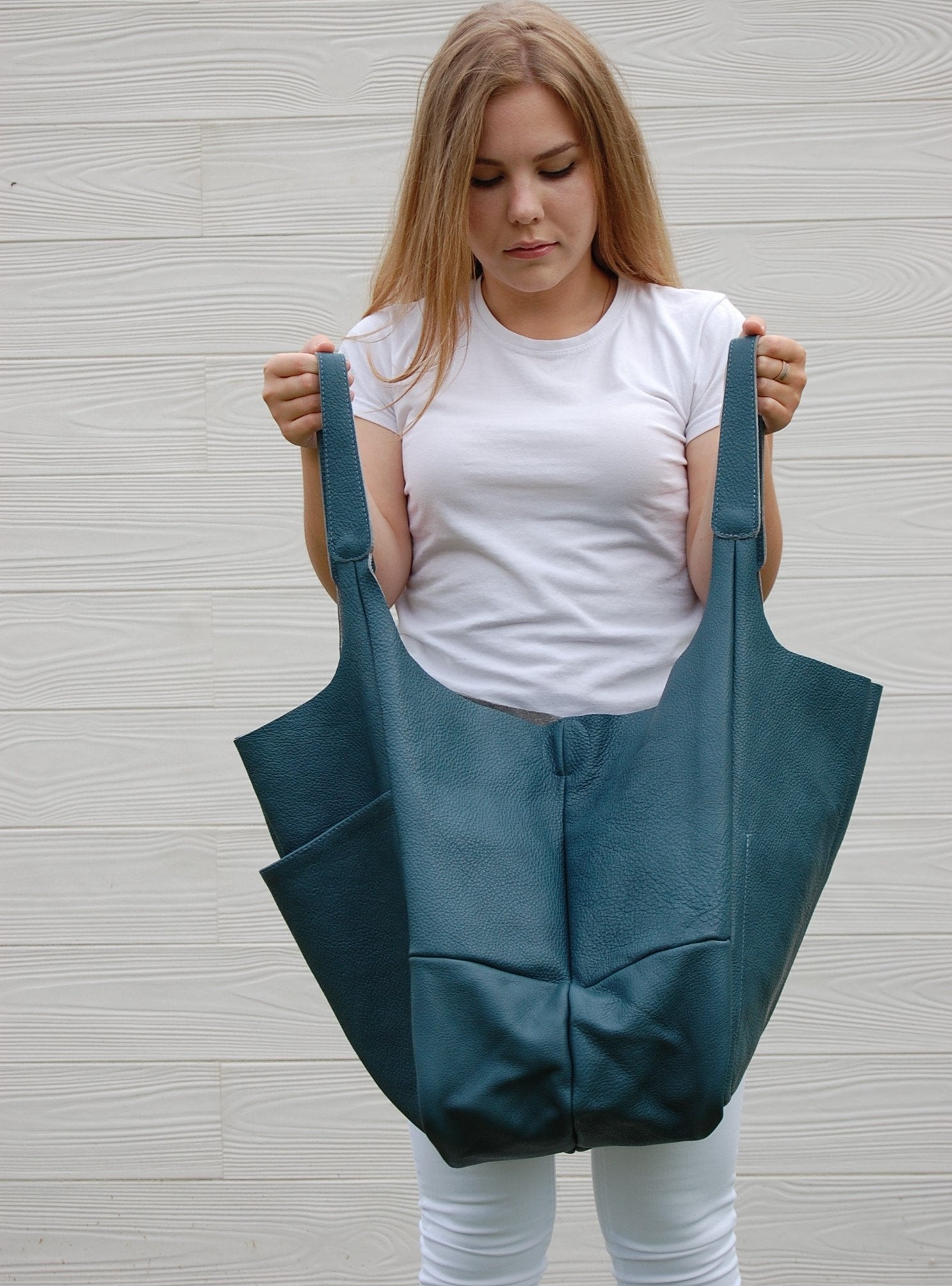Large Handbag, Big Bag, Leather Tote Bag, Oversize Cognac Blue, Shopper ...
