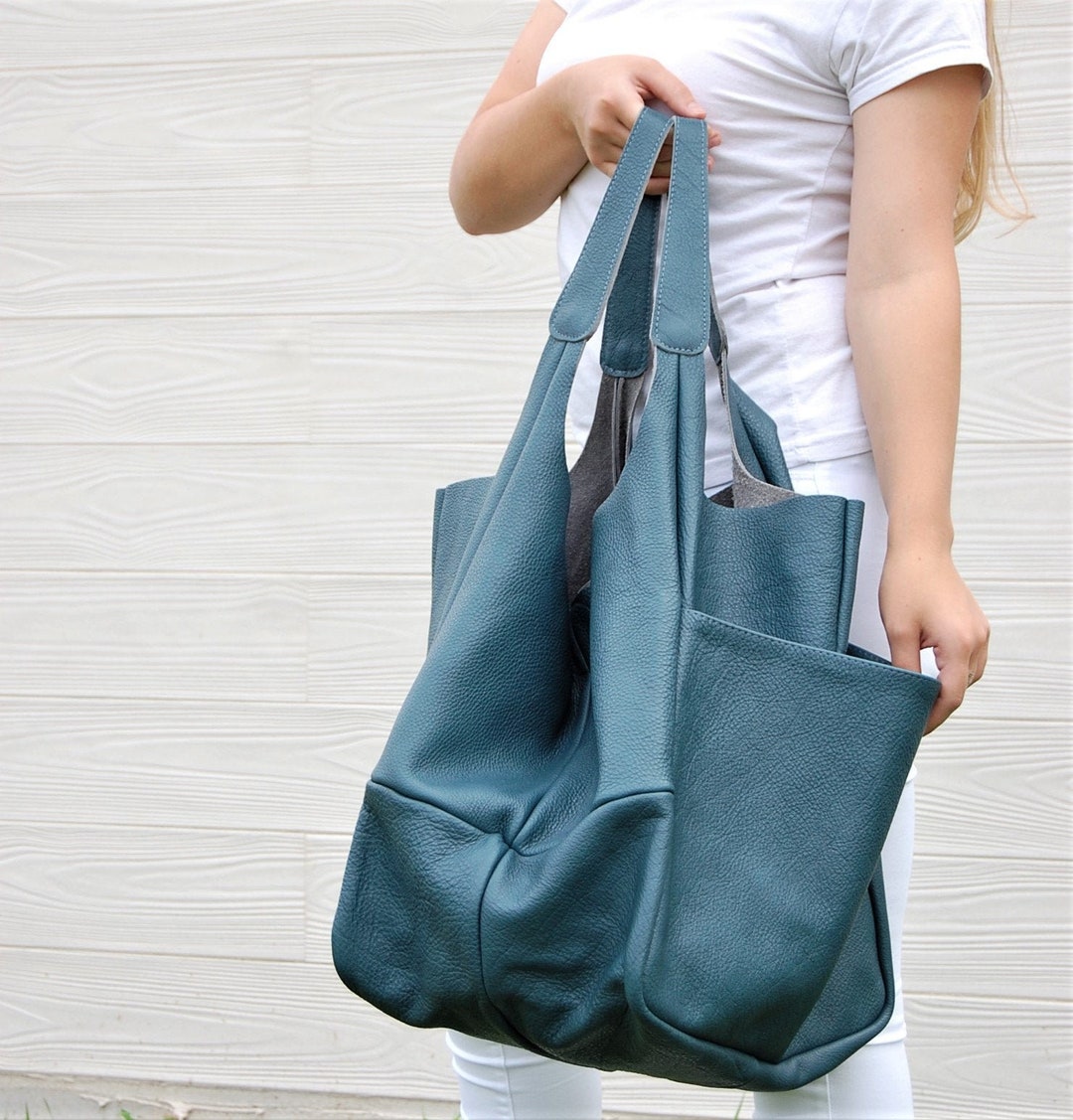 Large Handbag, Big Bag, Leather Tote Bag, Oversize Cognac Blue, Shopper ...