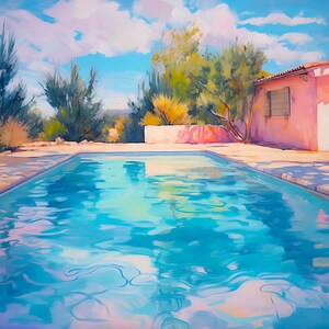 Retro Pool Print | Cottages Pool Print | Soft Blue Pink Painting | Pool ...