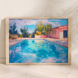 Retro Pool Print | Cottages Pool Print | Soft Blue Pink Painting | Pool ...