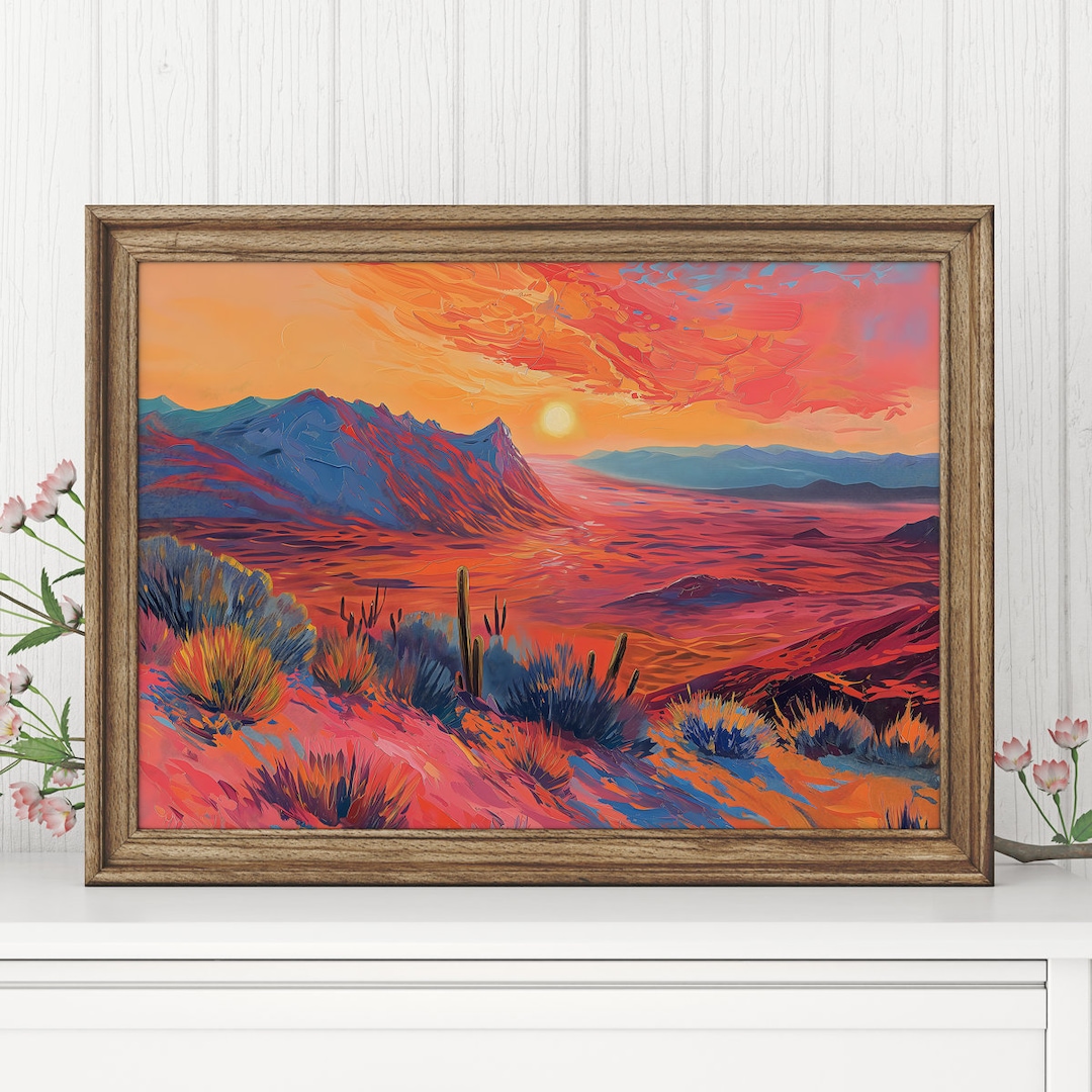 Retro Desert Print, Horizontal Desert Art, Colorful Sunset Print ...