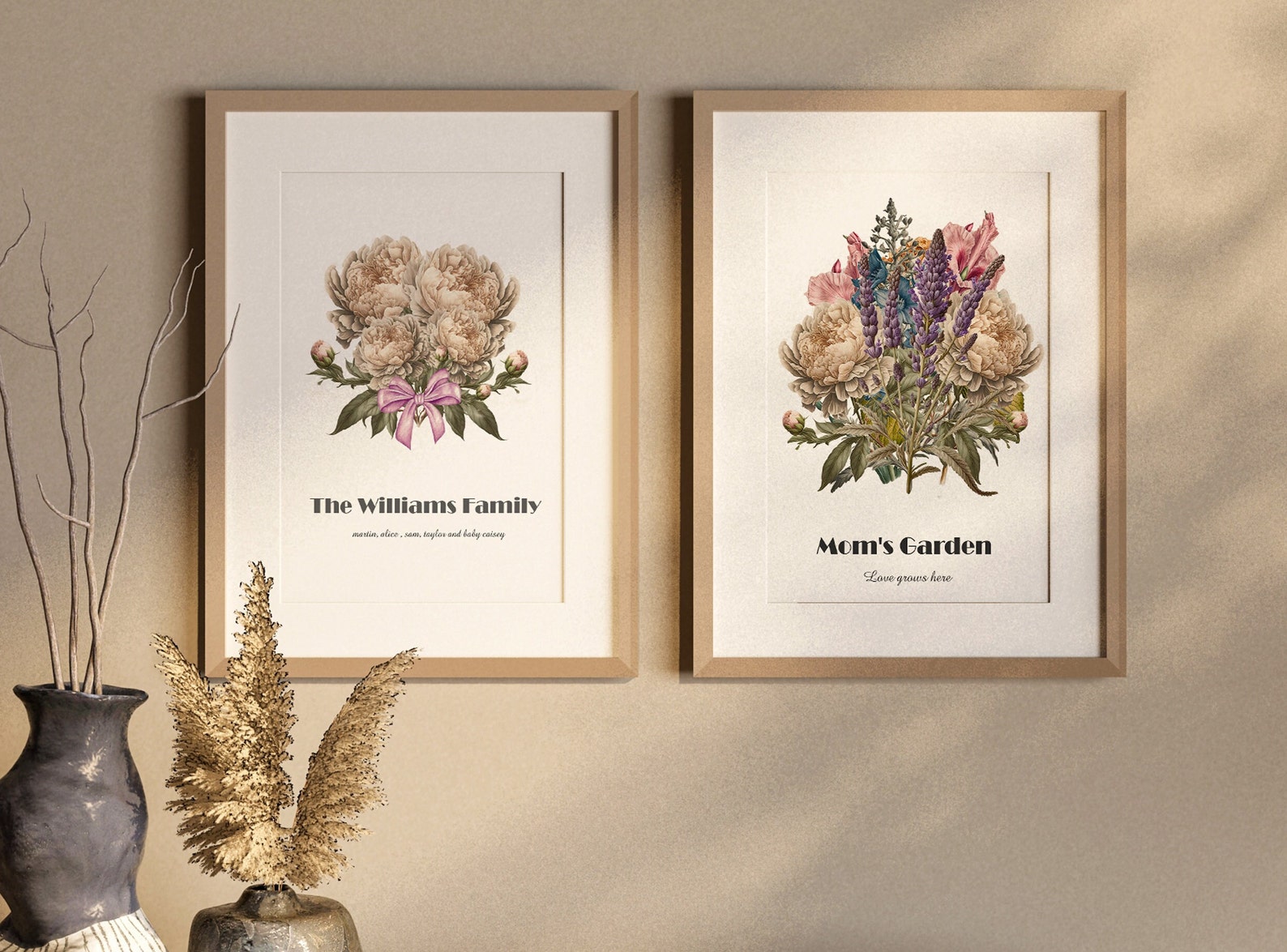 Custom Family Flower Bouquet Set of 2 | Birth Flower Digital Wall Art ...