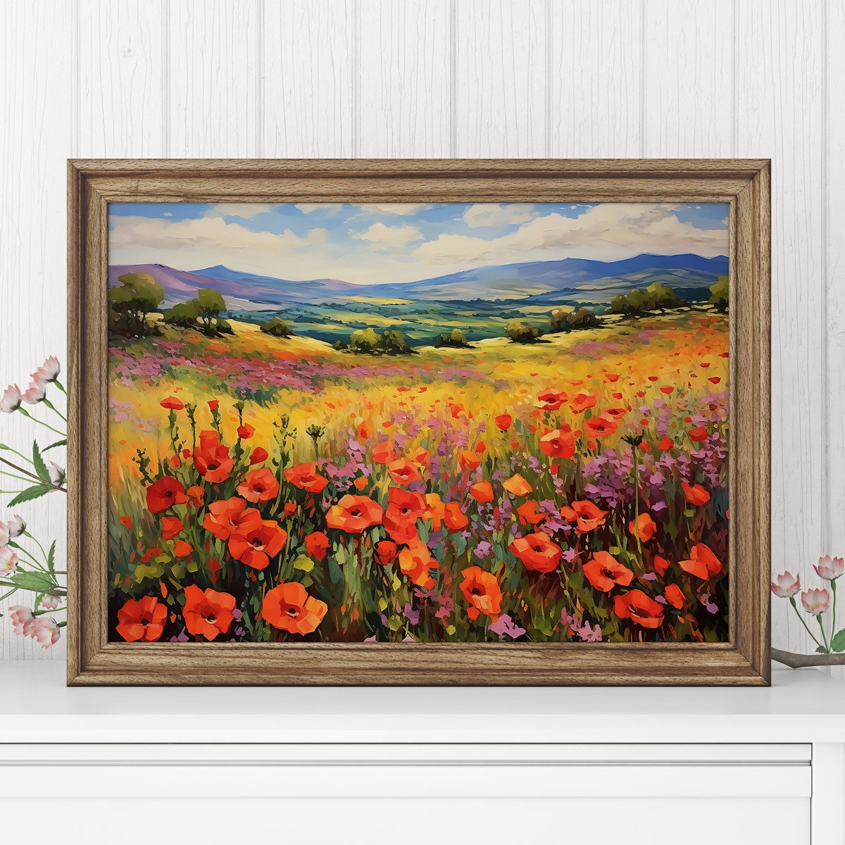 Retro Flower Field Print, California Flower Field Wall Art, Horizontal ...