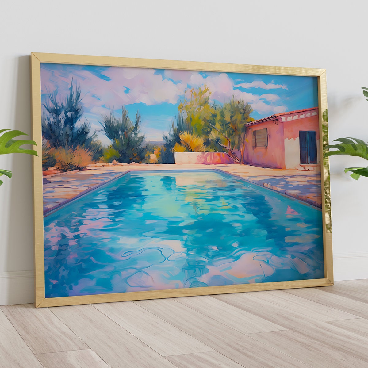 Retro Pool Print | Cottages Pool Print | Soft Blue Pink Painting | Pool ...