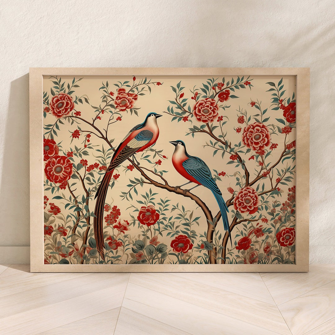 Horizontal Indian Floral Art Print, Indian Vintage Art, Birds Abstract ...