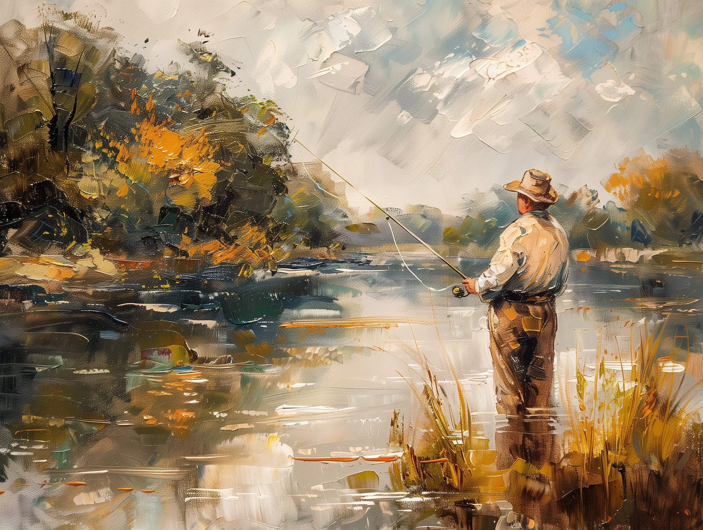 Horizontal Old Men Fishing Painting, Vintage Digital Print, Countryside ...