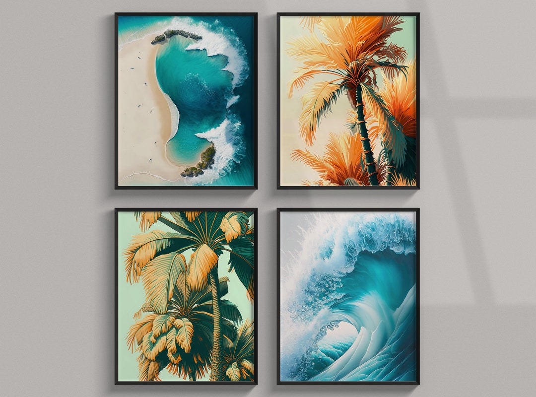 Beach Print Sets of 4, Digital Prints, Coastal Beach Print , Palm Tree ...