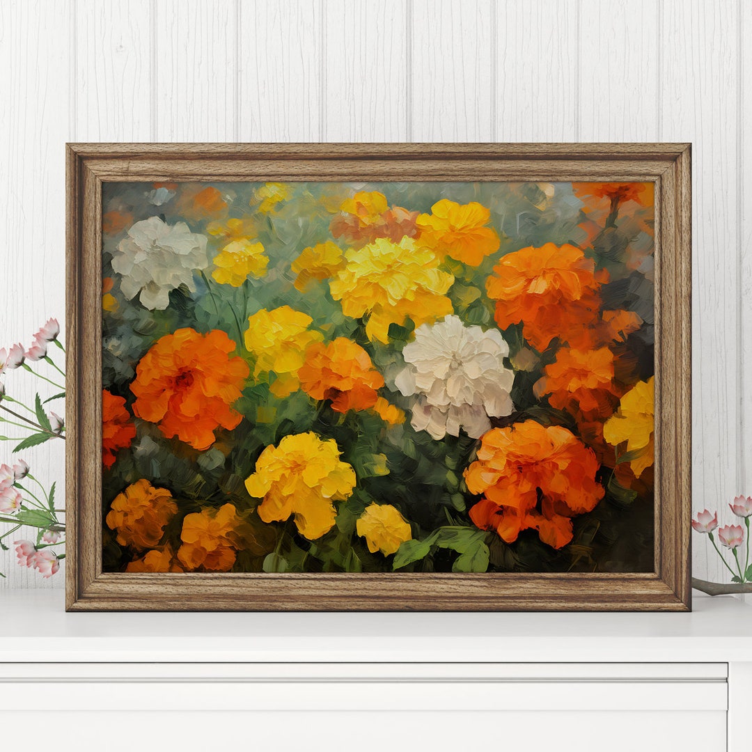 Vintage Marigolds Print, Marigolds Wall Art, Flowers Wall Art, Vintage ...