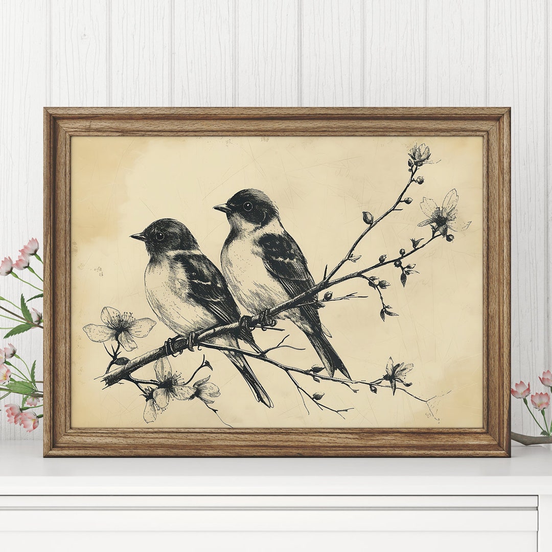 Horizontal Birds Drawing Print, Birds Wall Art, Vintage Line Drawing ...