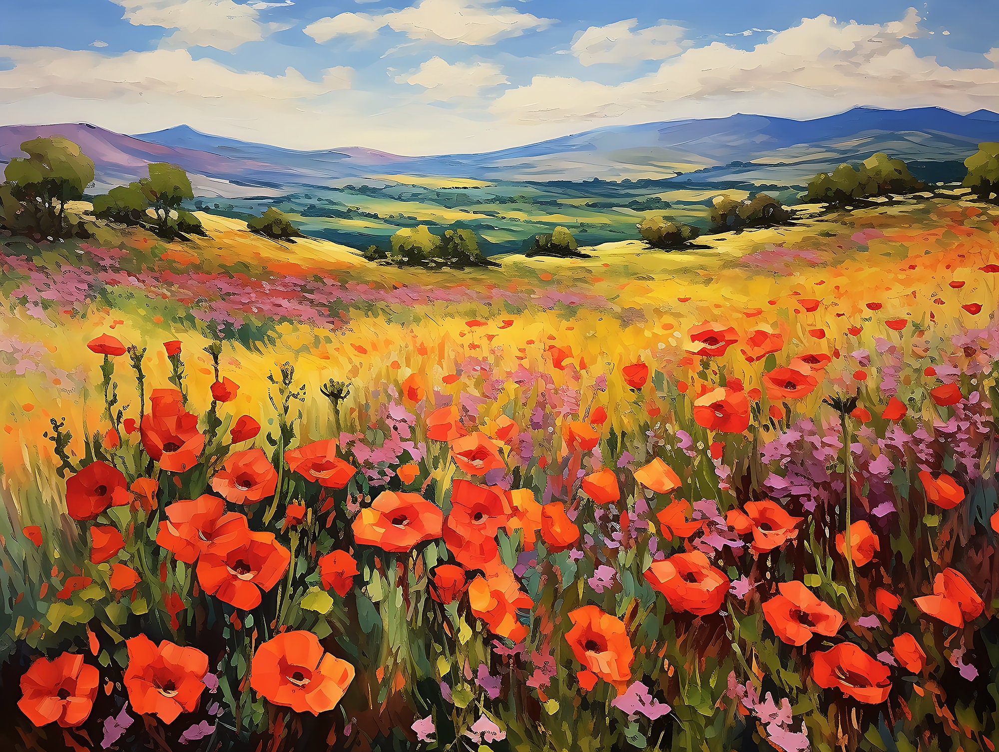 Retro Flower Field Print, California Flower Field Wall Art, Horizontal ...