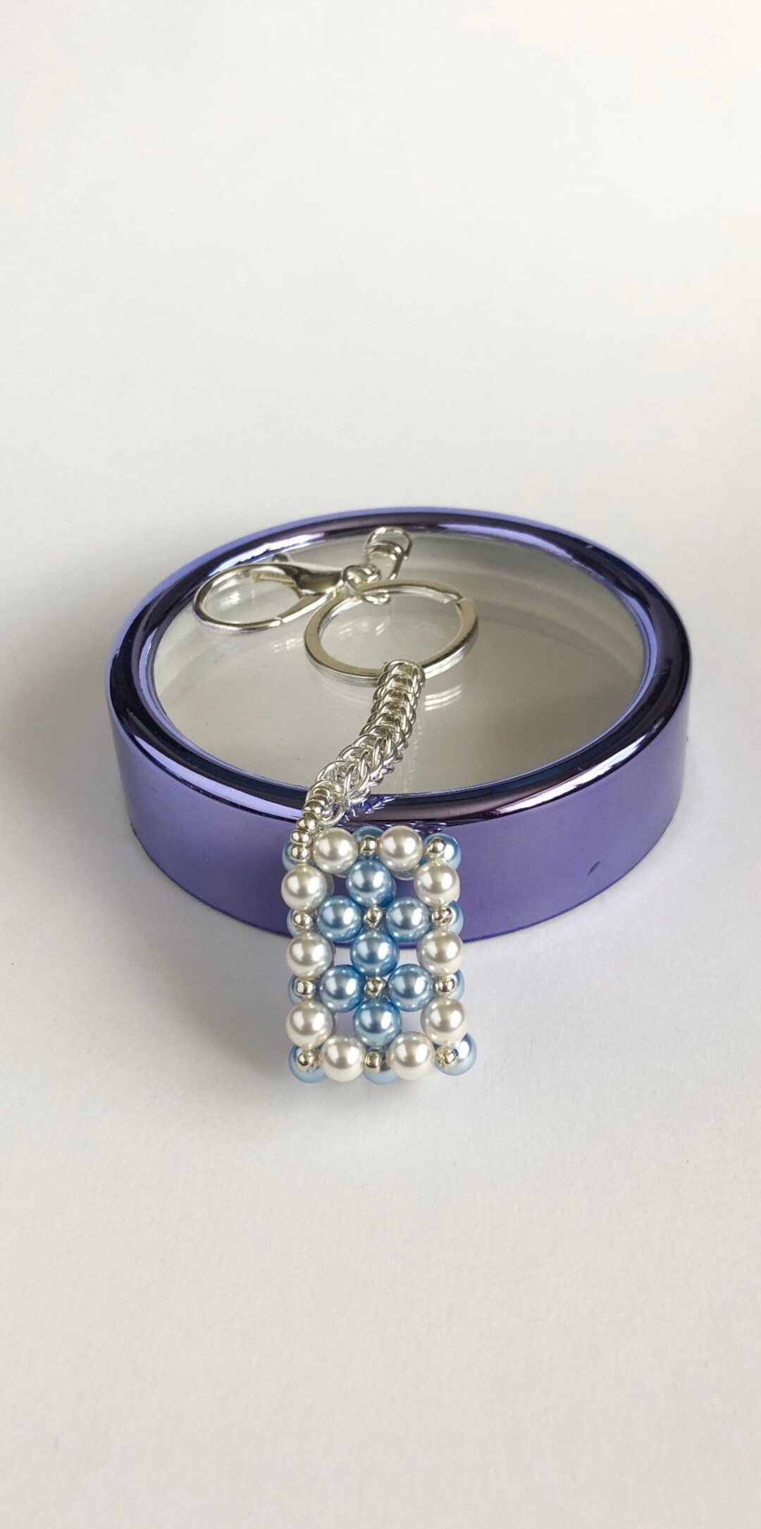 Initial Pearl Handbag Charm, Cream & Blue Crystal, Chainmaille Keyring ...