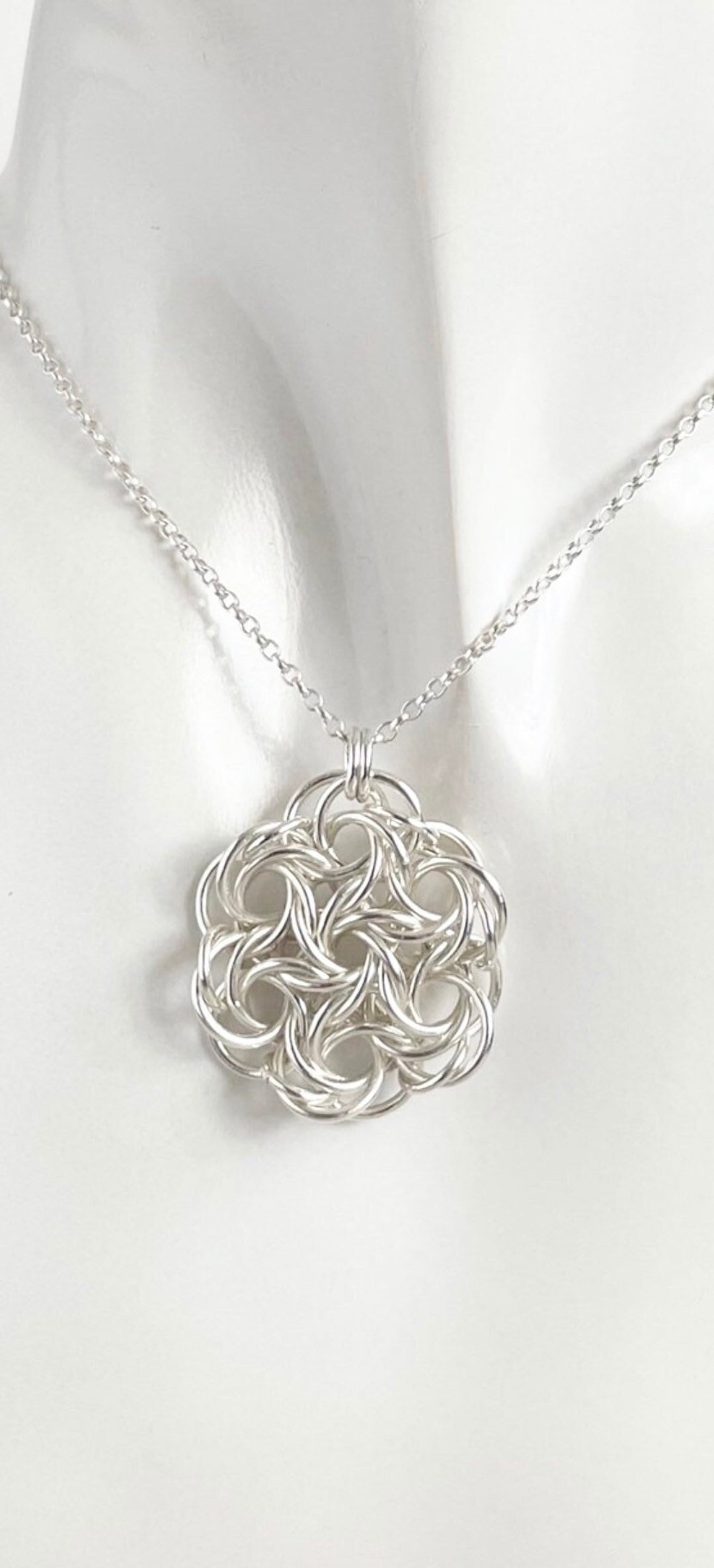 Sterling Silver Moorish Rose Chainmaille Ladies Pendant, on an 18 or 20 ...