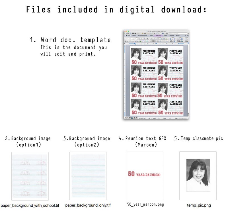 50 Year MAROON DIGITAL DOWNLOAD High School Reunion Name Tag Template ...