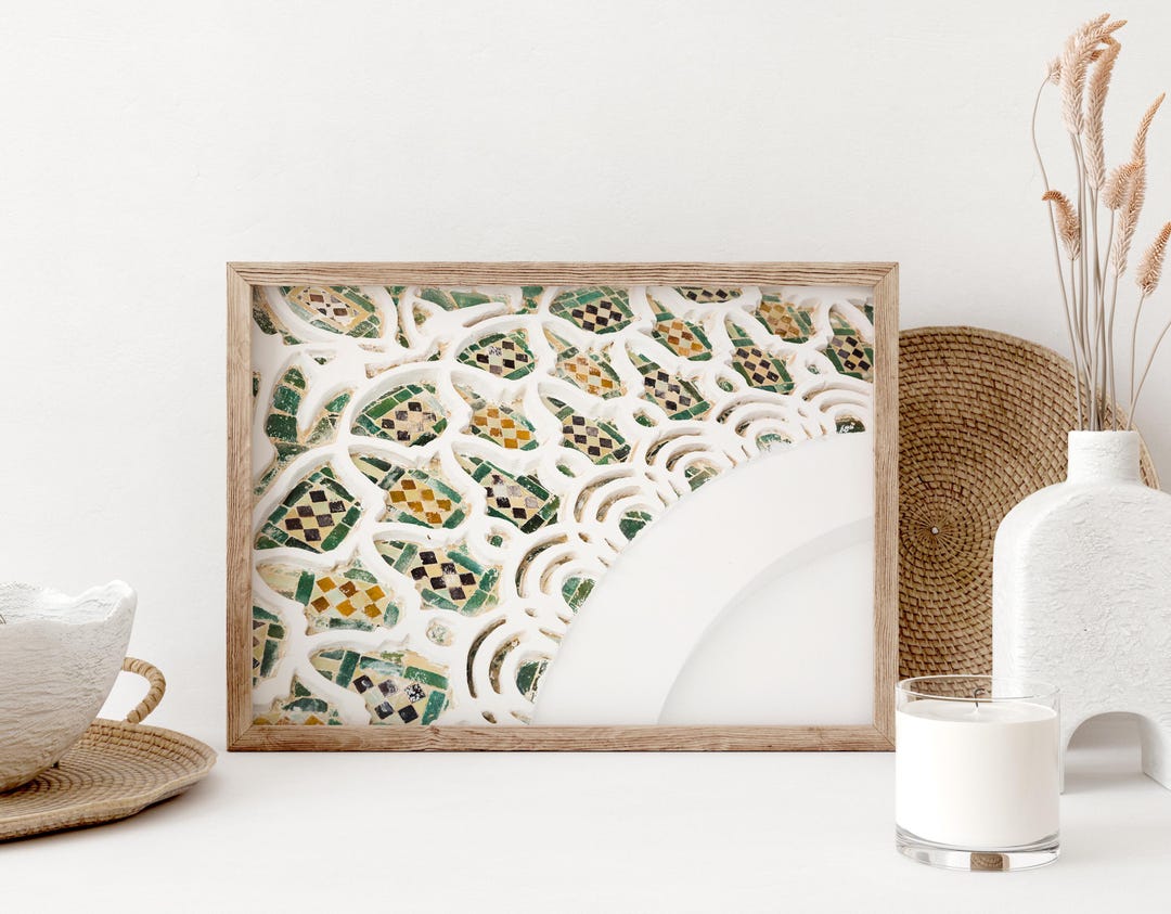 Moroccan Tile White and Green Wall Art, Global Eclectic Decor, Morocco ...