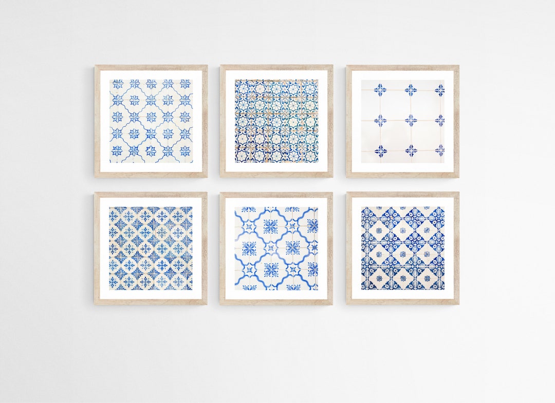 Blue Portuguese Tile Print Set of 6, Framed Azulejos Art for Kitchen ...