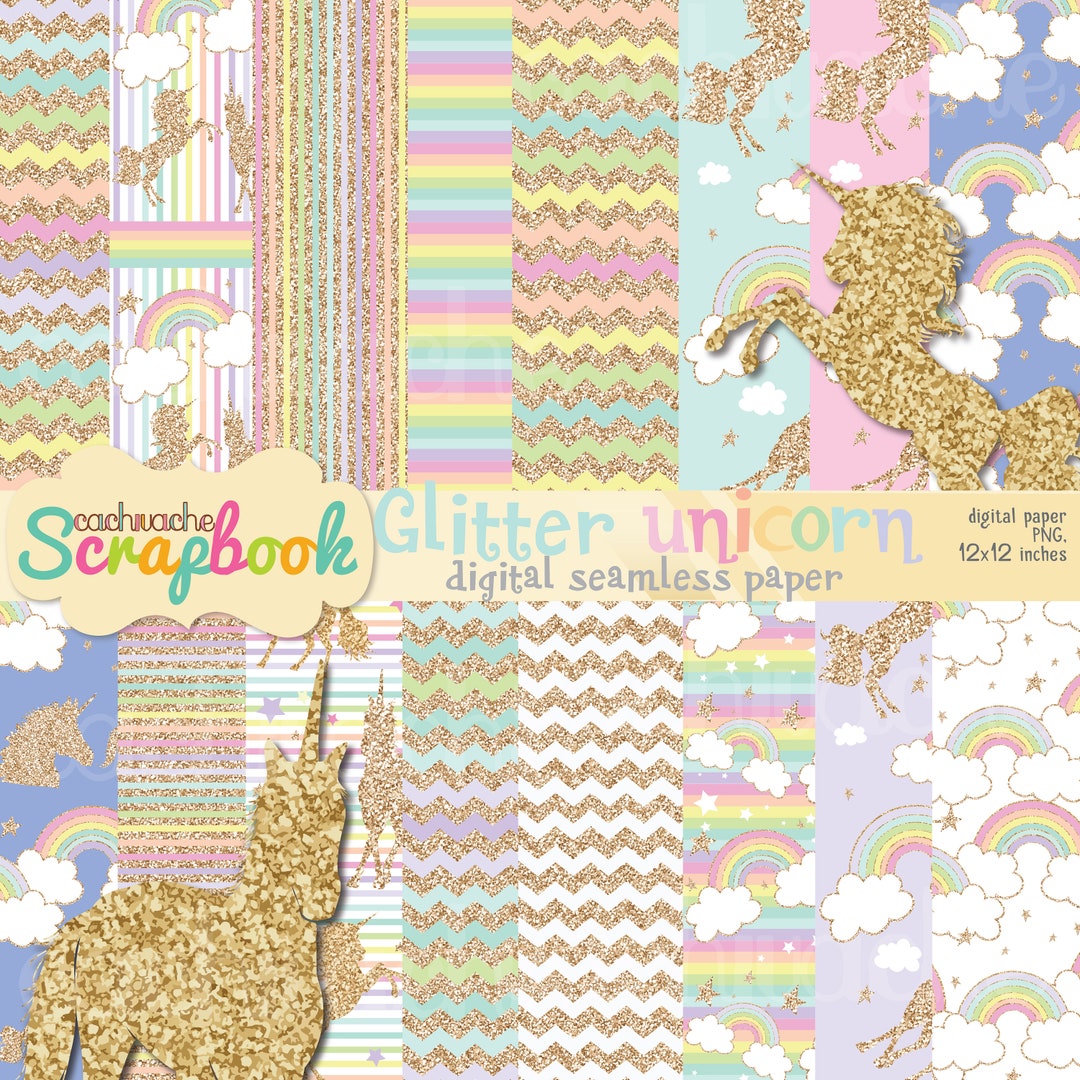 Glitter Unicorn Seamless Digital Paper, Gold Glitter Digital Paper ...
