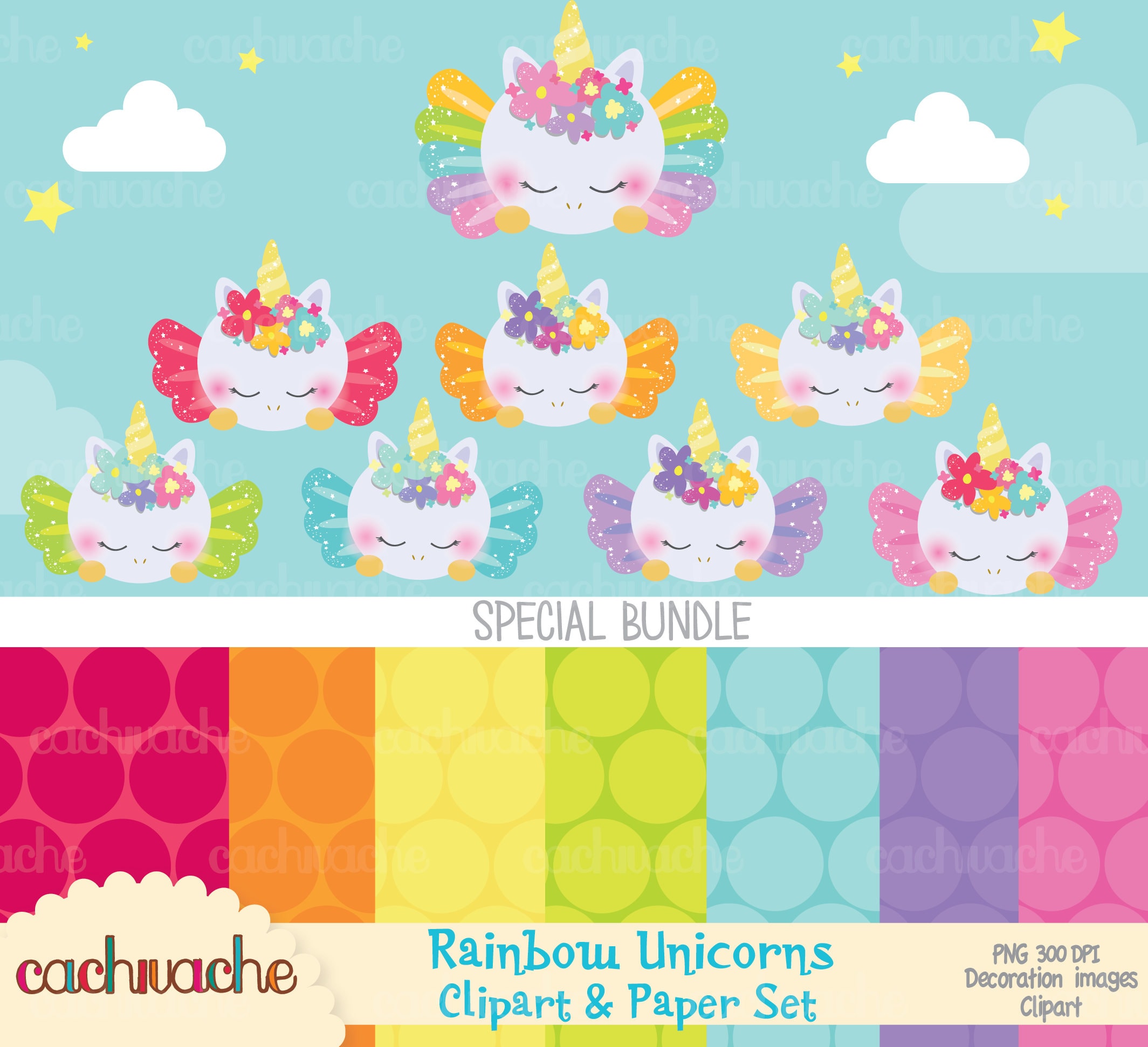 Rainbow Unicorn Clipart and Digital Paper Set Special Bundle - Etsy