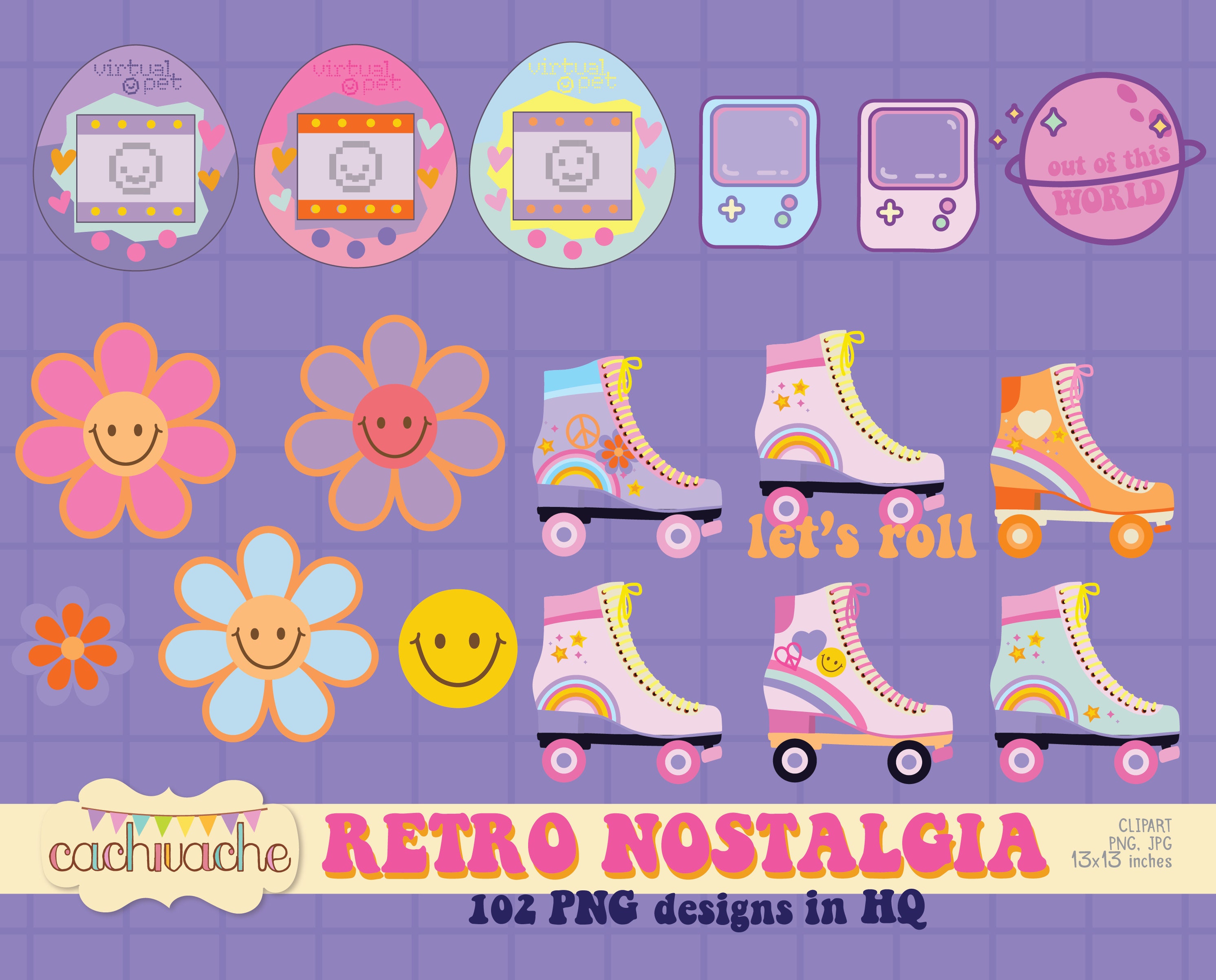 Retro 90s Clipart: Groovy Roller Skates, Smile Faces (102 PNG Designs ...