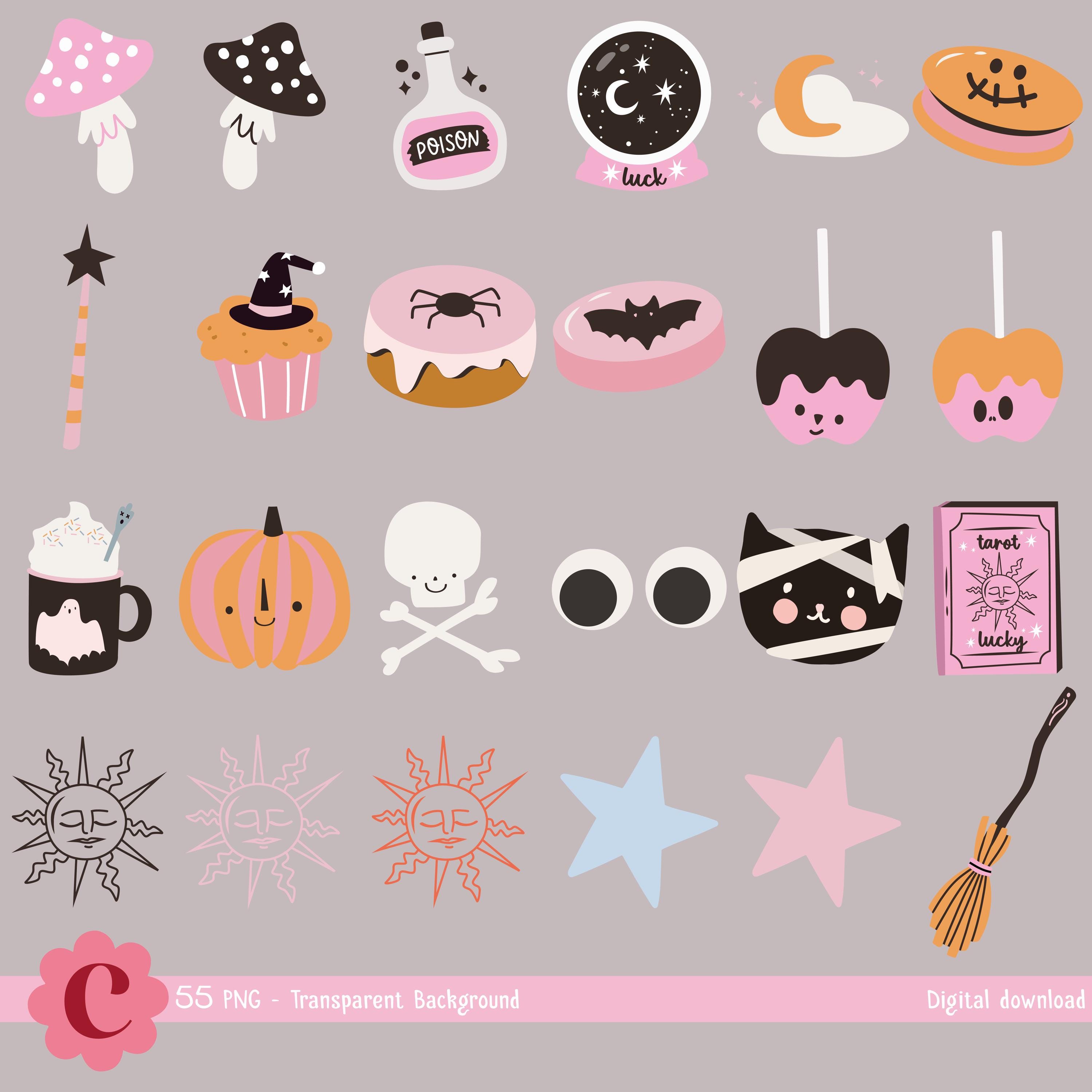 Halloween Clipart Bundle, 55 Pastel PNG Elements With Cute Ghosts ...