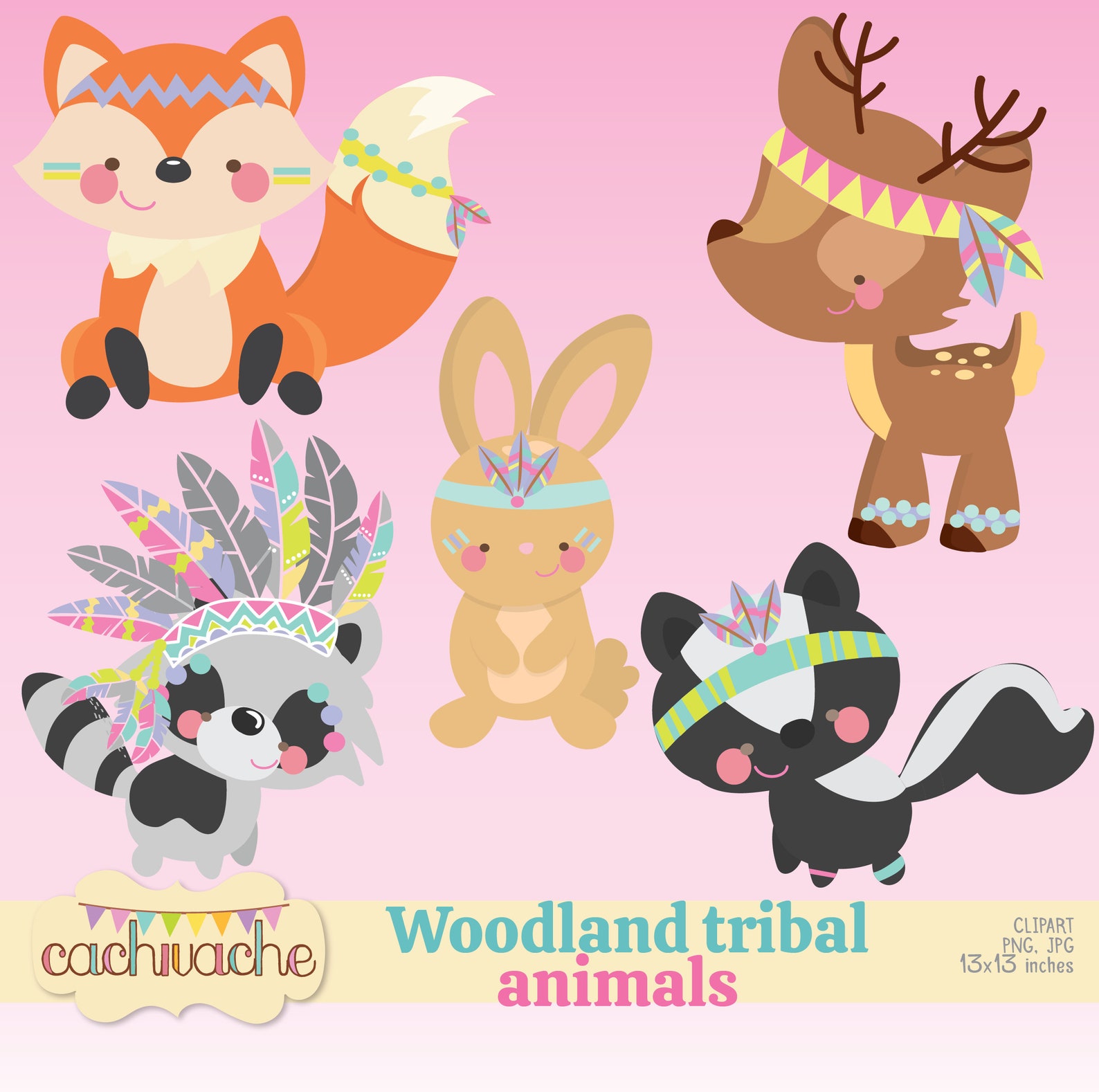 Woodland Tribal Animals Clipart, Forest Animals Clipart, Boho Clipart ...