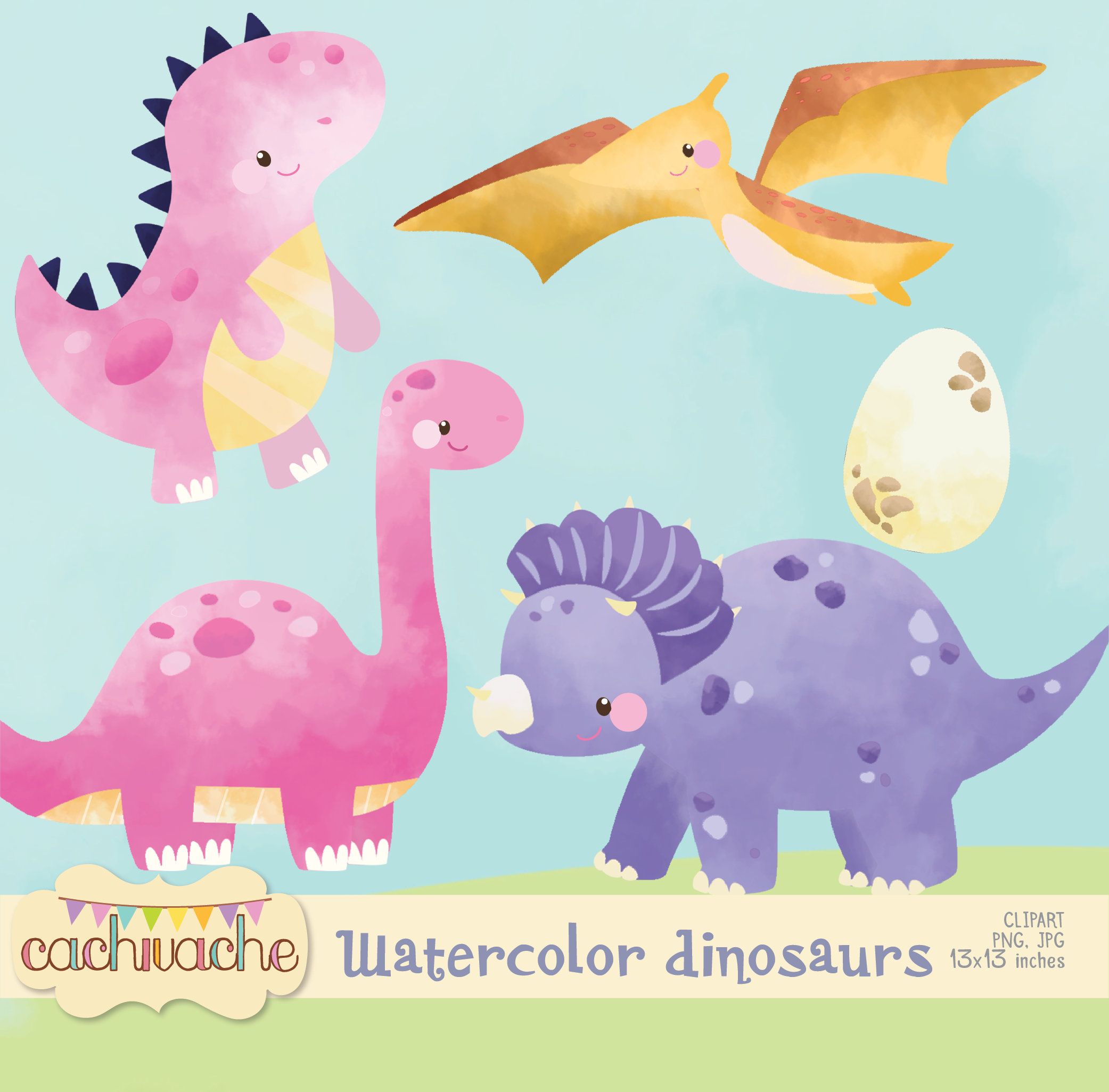 Watercolor Dinos, Girly Dinos Clipart, Dinosaur Clipart, Dinosaur PNG ...